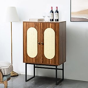 Voohek High 2 Rattan Doors, Interior Shelves and Black Metal Base, Sideboard w/Simulated Wood Patterns & Retro Knobs Elements On Surface Storage Cabinet, Walnut