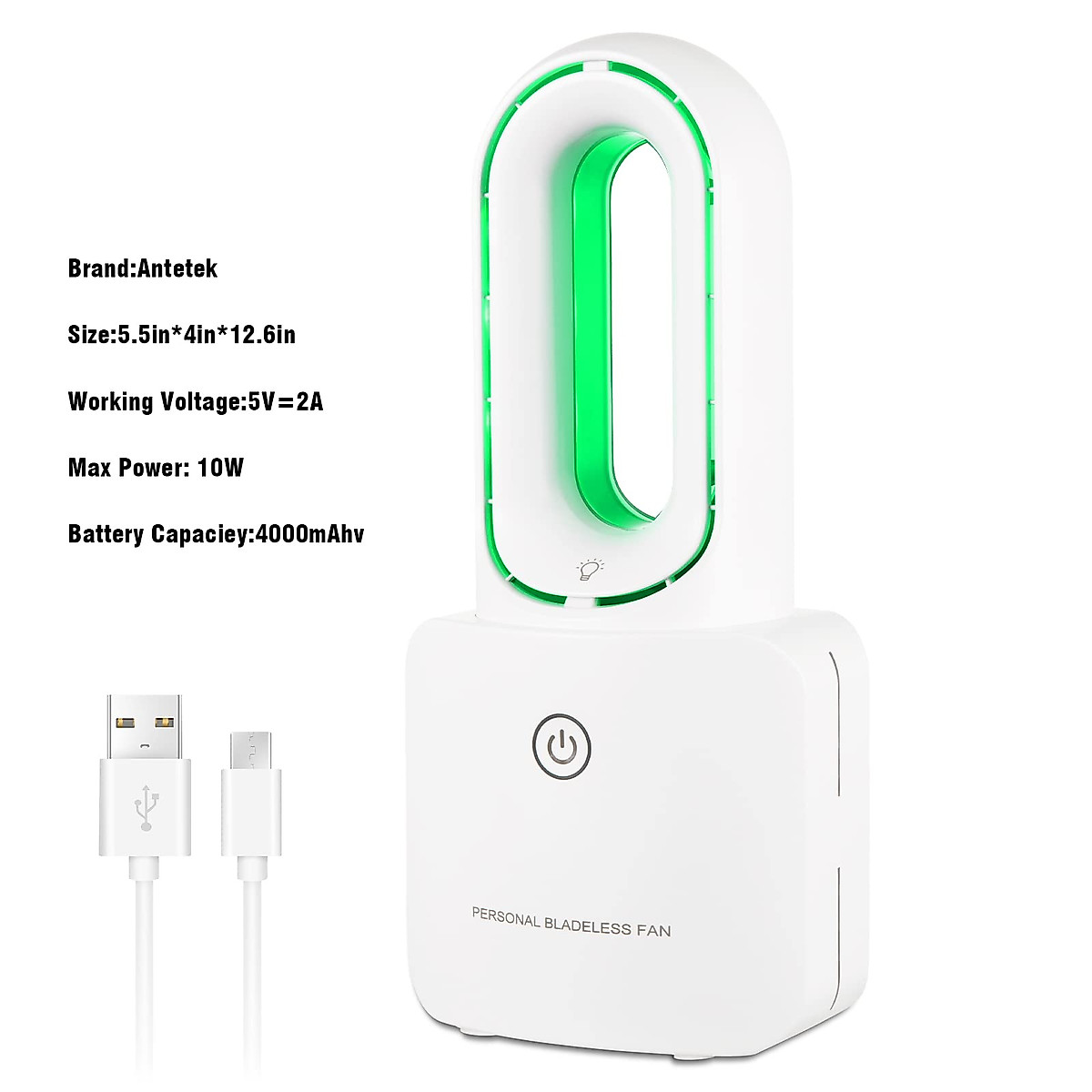 Bladeless Desk Fan Rechargeable, Small Bladeless Personal Fan Quiet Mini Table Fan, 12''Small Fan for Bedroom and Office, USB or 4000mAh Battery Operated, with Touch Control 6-Colors LED Light