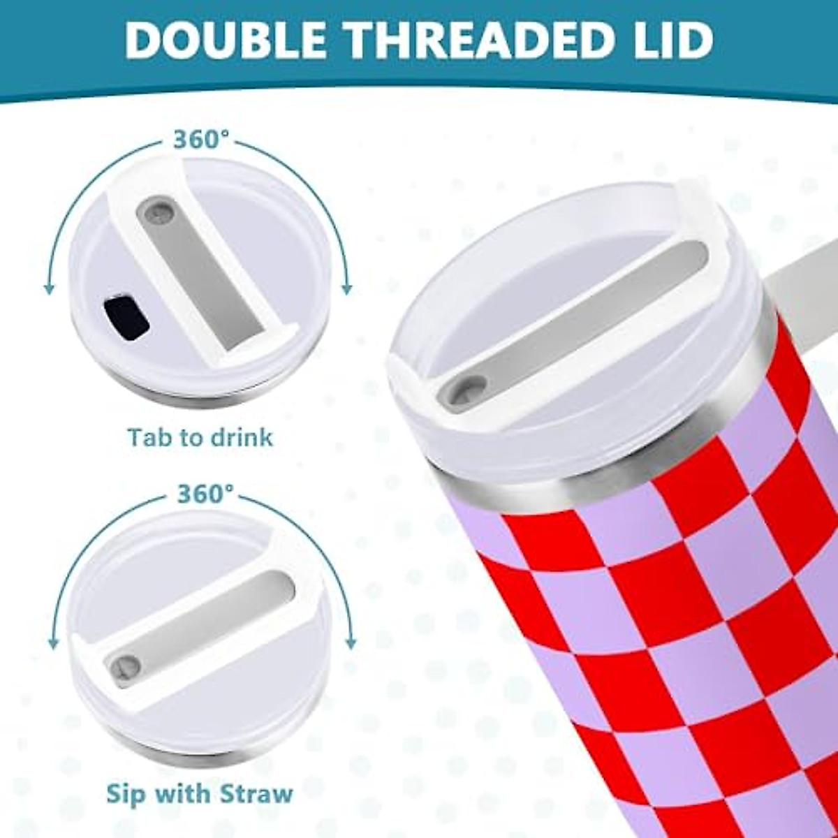 Caikeny Insulated Tumblers with Lid and Straw Checkerboard 30 oz Reusable Stainless Steel Cup Lavender Red Water Bottle Coffee Travel Tumbler Mug for Women Men