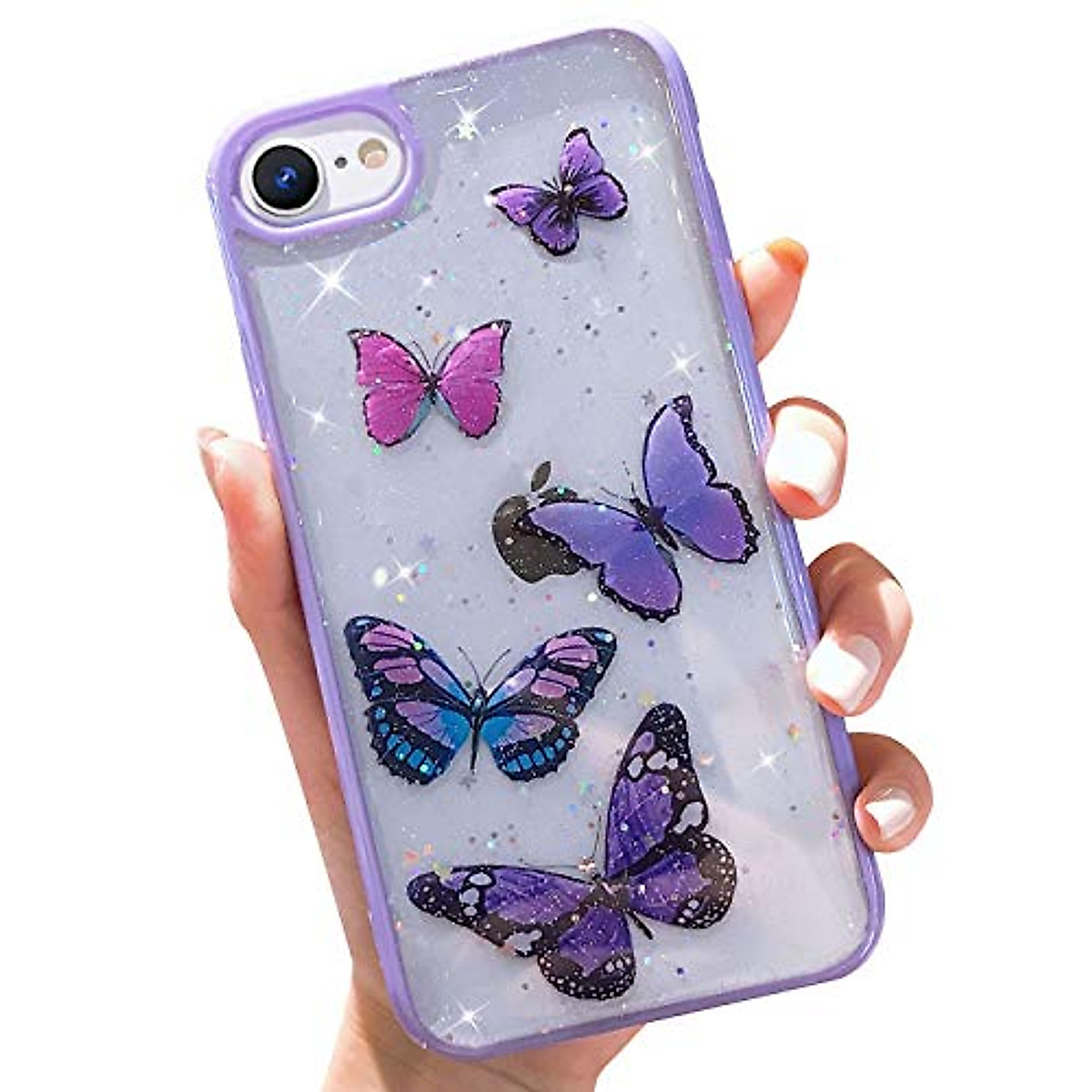 wzjgzdly Butterfly Bling Clear Case Compatible with iPhone SE 2020 Case, iPhone 8 Case, iPhone 7 Case, Glitter Case for Women Cute Slim Soft Slip Resistant Protective - Purple