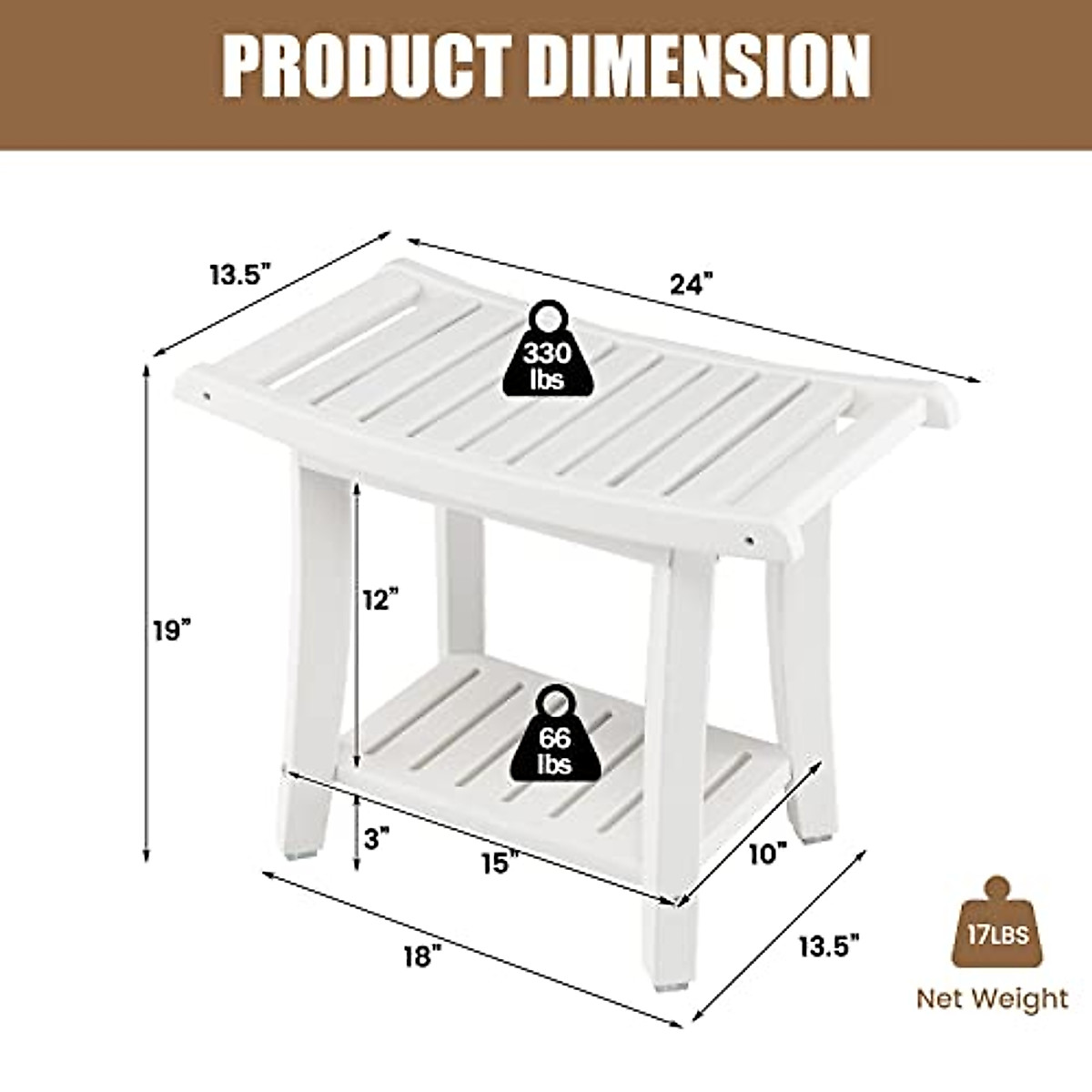 COSTWAY Shower Bench for Inside Shower, Waterproof Shower Seat Stool with Storage Shelf for Shaving Legs and SPA, Bath Shower Chair for Seniors Adults Disabled (Creamy White)