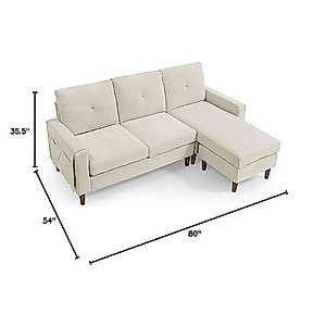 Cotoala 80" L-Shape Chenille Convertible Couch w/Pocket & Rubber Wood Legs, 3 Seat Sofa with Removable Ottoman and Cushions, Perfect for Living Room, Aapartment, Small Space, Beige