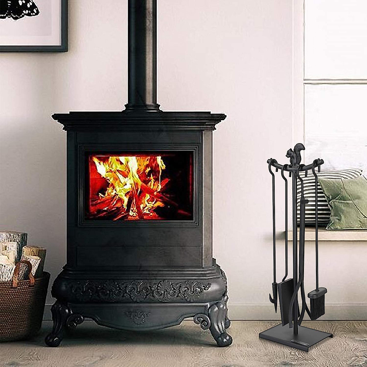 MYFIREPLACEDIRECT 5 Pieces Fireplace Tools Sets Strength Wrought Iron Indoor Outdoor Fire Place Toolset Hearth Accessories Kit (Black Squirrel w/Gloves)