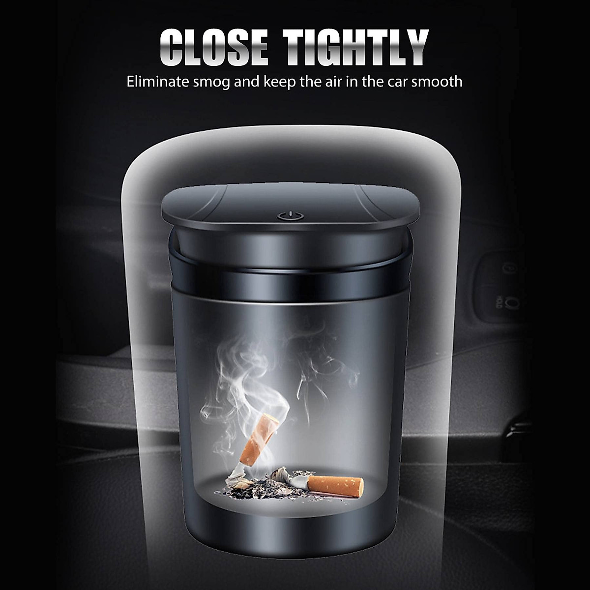 Car Ashtray with Lid Smell Proof, Smokeless Ashtray, Mini Car Trash Can, Detachable Stainless Steel Ash Tray with Lid and LED Blue Light