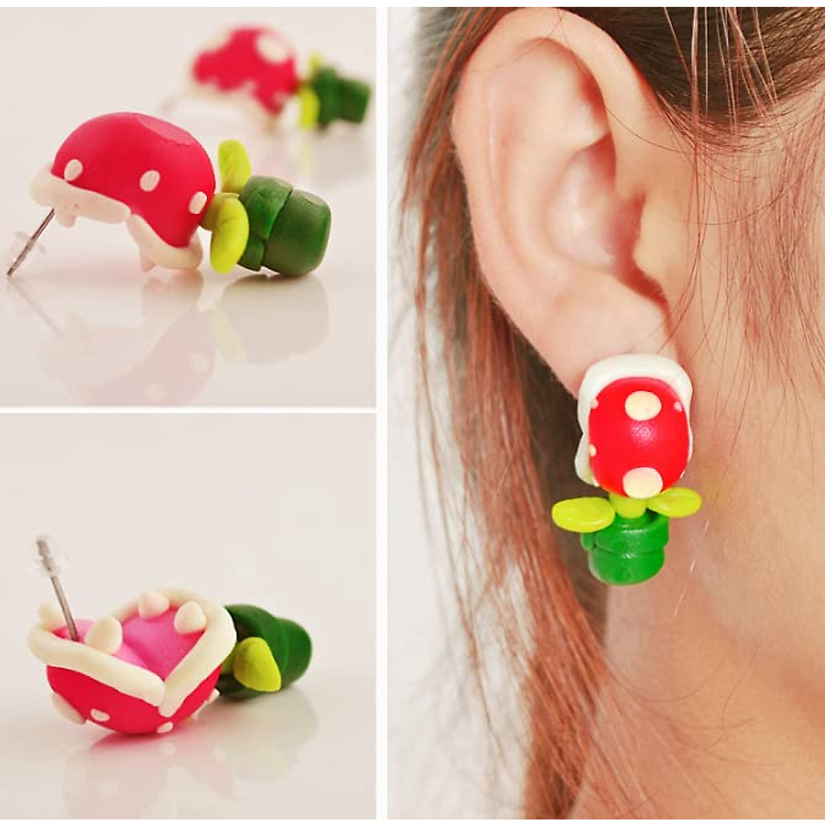 Funny Piranha Flower Earrings, Piranha Plant Maneater Cannibal Flower Chompers Corpse Flower Stud Earrings, Handmade Polymer Clay Jewelry