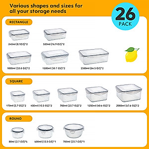 52 PCS Food Storage Containers Set with Airtight Lids (26 Lids &26 Containers) - BPA-Free Plastic Food Container for Kitchen Storage Organization, Salad Fruit Lunch Containers with Labels & Marker