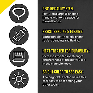 T&T Tools 36-Inch Manhole Hook Tool - Heavy Duty Single Hook for Lifting Manhole Covers, Storm Drains, Septic Tank Risers - Rigid Hex Alloy Steel Tool for Lifting, Pulling, and Removing Covers-2 Pack