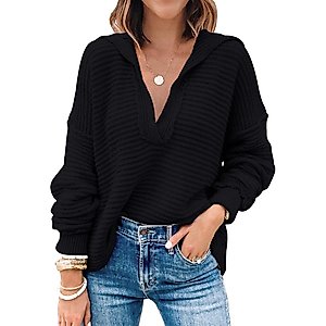 LILLUSORY Womens V Neck Oversized Sweaters Long Batwing Sleeve Asymmetrical Knit Pullover Fall Fashion 2025 Black M