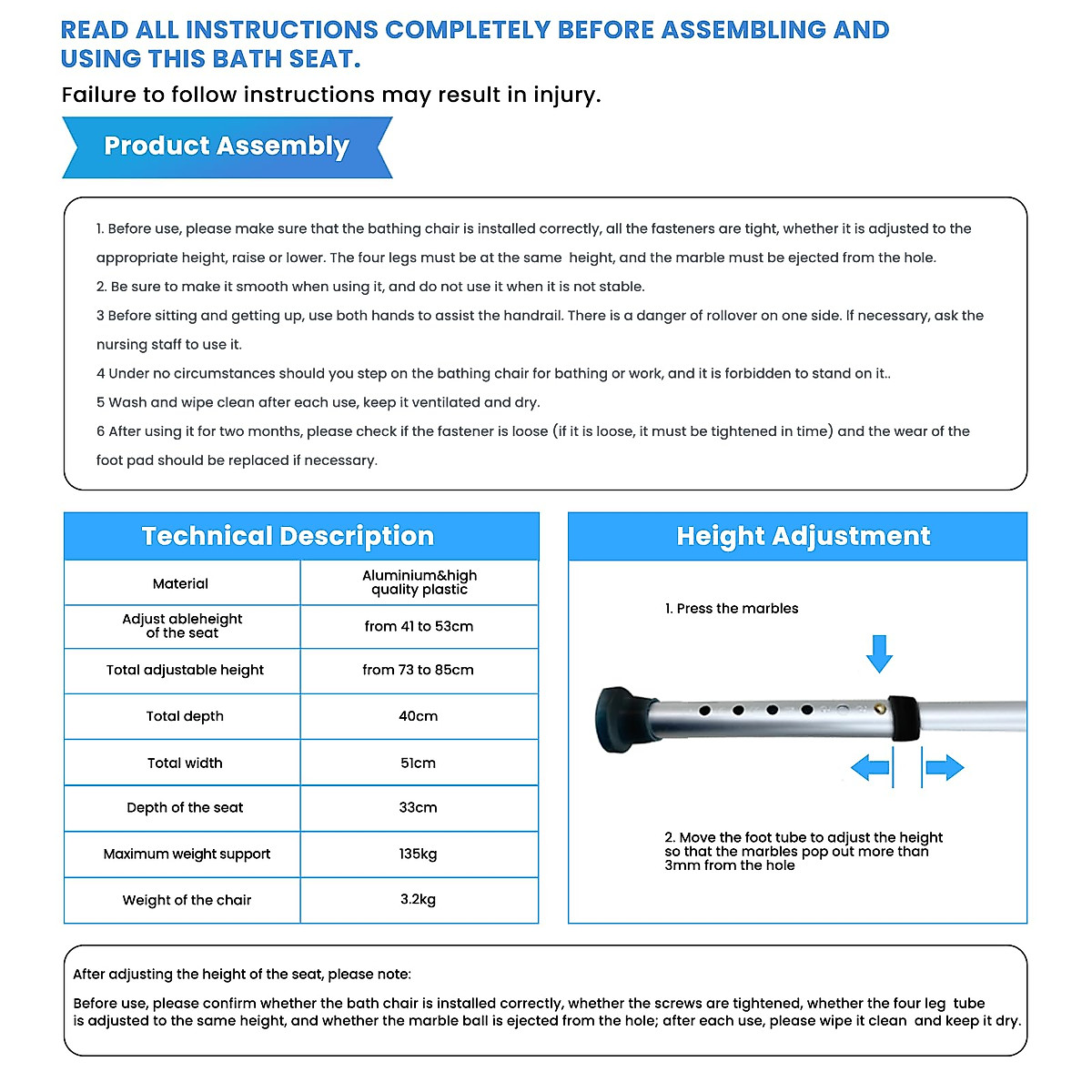 Shower Chair for Inside Shower Seat with Padded Armrests Cushion and Backrest Equipped with Suction Feet Adjustable Height Shower Bench Bath Seat for Shower Chair for Inside Tub