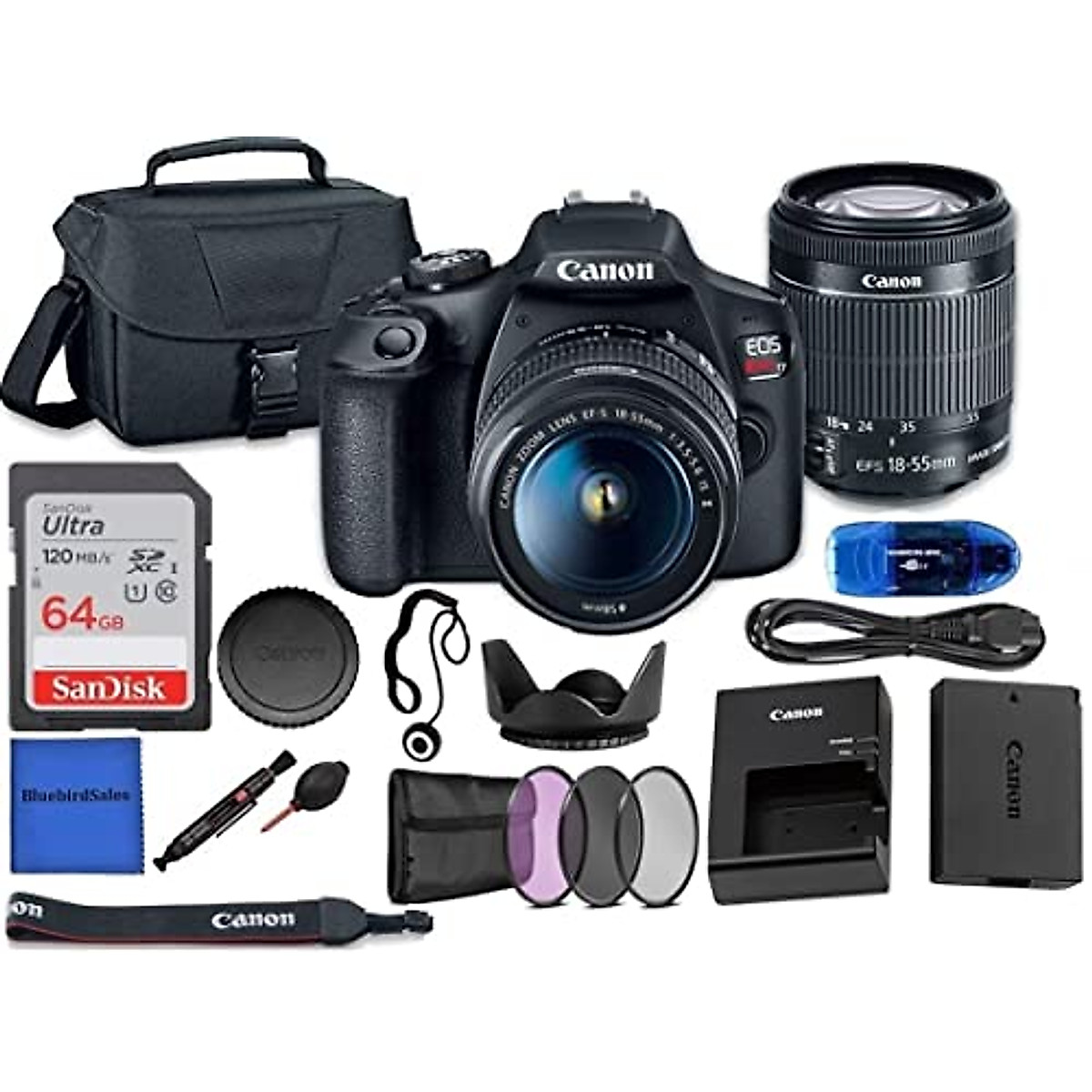 Canon EOS Rebel T7 DSLR Camera w/Canon EF-S 18-55mm F/3.5-5.6 Zoom Lens + Case + Sandisk 64GB Memory Card + 3pc Filter Kit + Card Reader + BluebirdSales Cleaning Kit (Renewed)