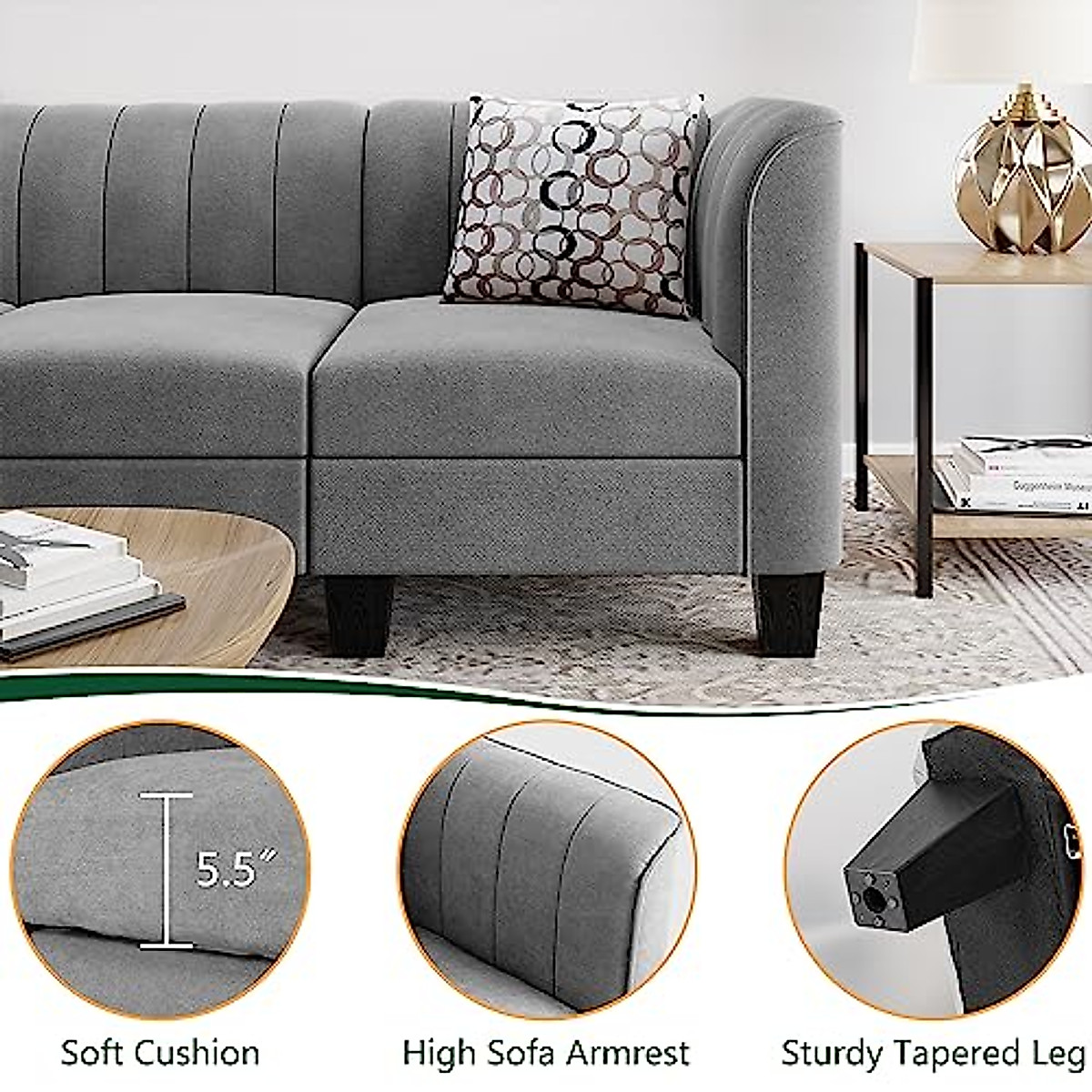 Shintenchi Upgraded Convertible Sectional Sofa Couch, 3 Seat L Shaped Sofa with High Armrest Linen Fabric Small Couch for Living Room, Apartment and Office (Grey)