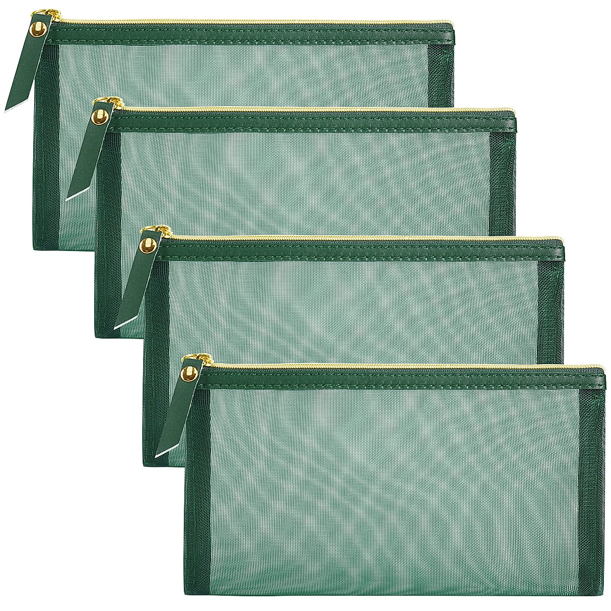 besharppin Mesh Cosmetic Bag, 4pcs Nylon Makeup Pouches with Leather Pull and Golden Zipper for Purse Diaper Bag (Emerald Green)