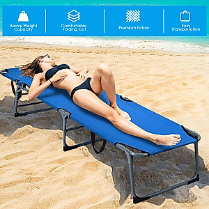 Goplus Tanning Chair, Folding Adjustable Patio Lounge Chair with Face Hole, Removable Pillow, 331LBS, Carry Strap, Outdoor Sunbathing Chair, Lightweight Portable Beach Lounge Chair for Pool Lawn Adult