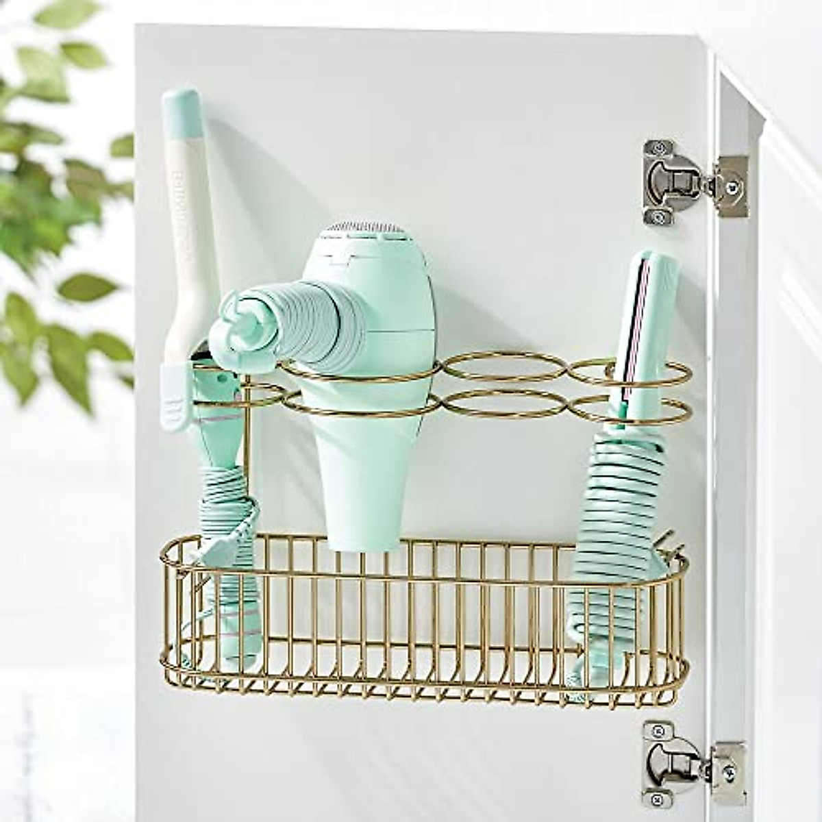 mDesign Metal Wire Cabinet/Wall Mount Hair Care & Styling Tool Organizer - Bathroom Storage Basket for Hair Dryer, Flat Iron, Curling Wand, Hair Straightener, Brushes - Holds Hot Tools - Brass