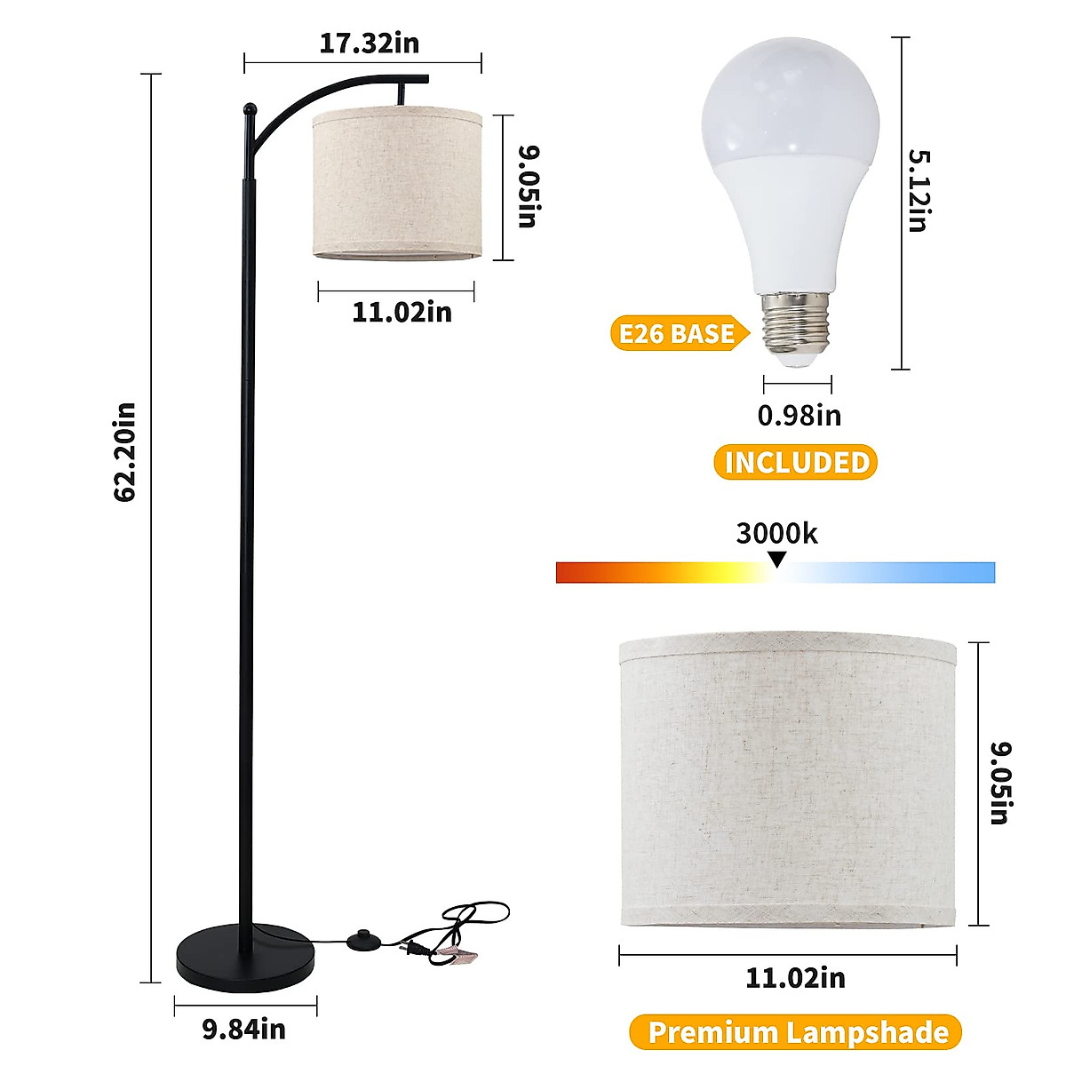 LED Modern Floor Lamp with Beige Linen lamp Shade,Tall Lamps Standing Lamp for Bedrooms,Living Room, Office,Black Pole Lamp with Foot Switch