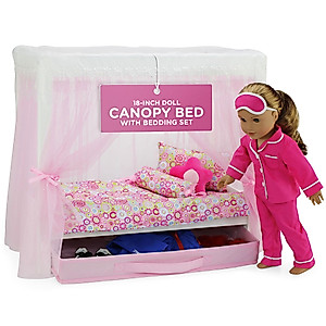 Emily Rose 18" Doll Canopy Bed with Bedding - 18-inch Doll Furniture & Accessories for Bedroom | Perfect Baby Doll Bed for Girls - Ideal 14"-18" Doll Sleeping Bed for 19 Inch Dolls