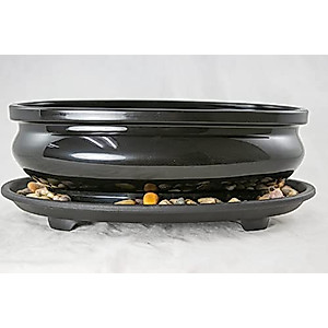 Calibonsai 9'' Oval Heavy Duty Black Plastic Bonsai Training Pot, Cactus & Succulent Planter + Tray + Rock + Mesh Combo