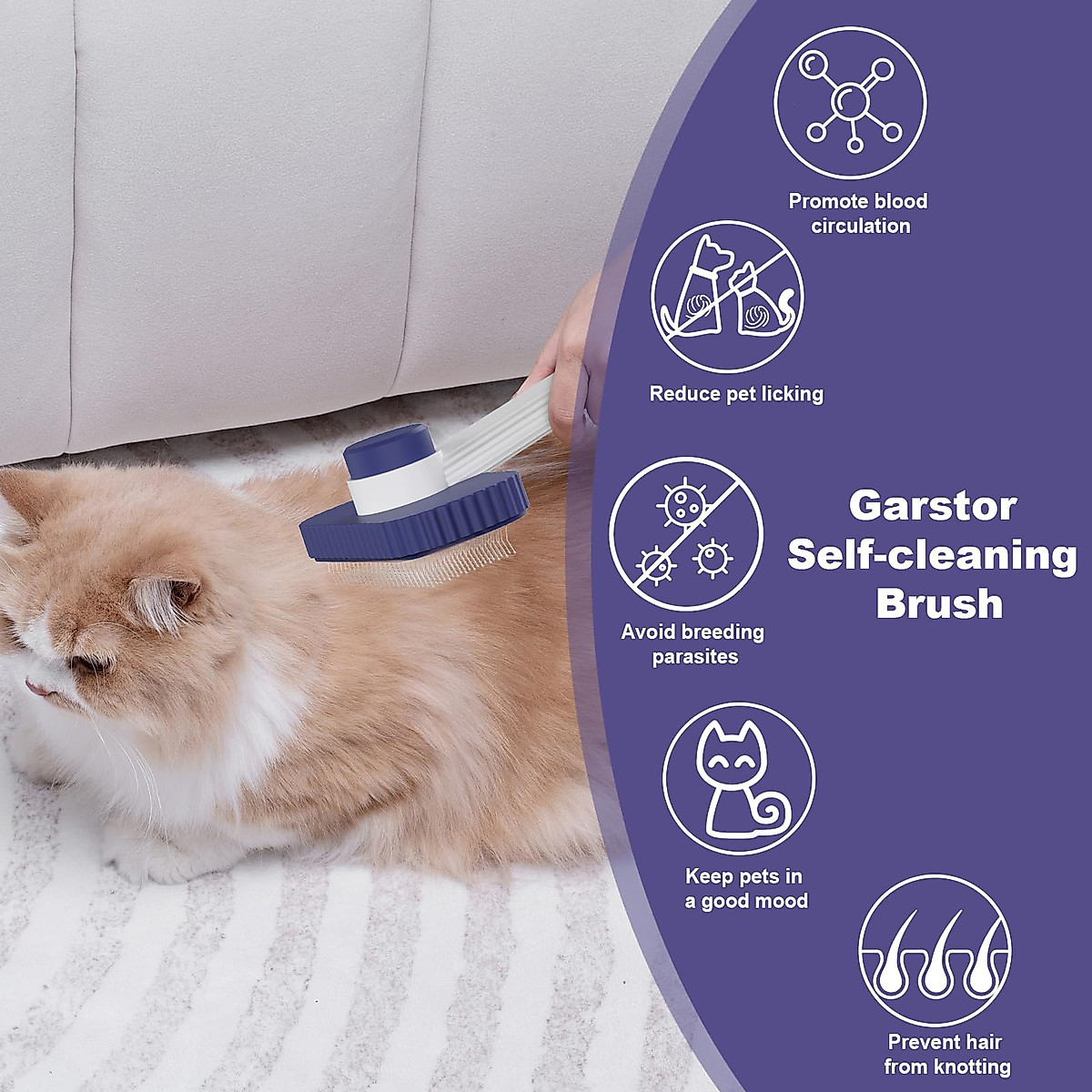 Garstor Cat brush, Cat Brush for Long or Short Haired Cats, Remove Loose Fur and Mats, Rounded Pins Reduces Painful Pulling, Not for Tangle and Curly Fur, Dark Blue