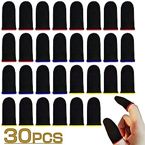 30 Pack Mobile Phone Gaming Finger Sleeves, Nuozme Finger Sleeves Fit All Touchscreen Devices, 0.15mm Nanofibers, Smooth Feel, Anti-Sweat, Extremely Thin, Zero-Seam Design,Red, Yellow and Blue Edge