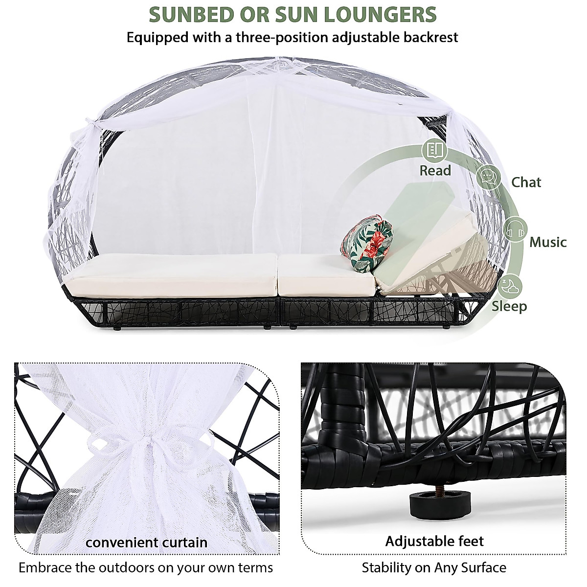 LUMISOL Patio Daybed with Curtain, 90.55” Outdoor Sunbed with Cushion and Colorful Pillows, Wicker Lounge Chairs Backrest Adjustable Recliners for Poolside, Garden, Backyard, Black+Beige