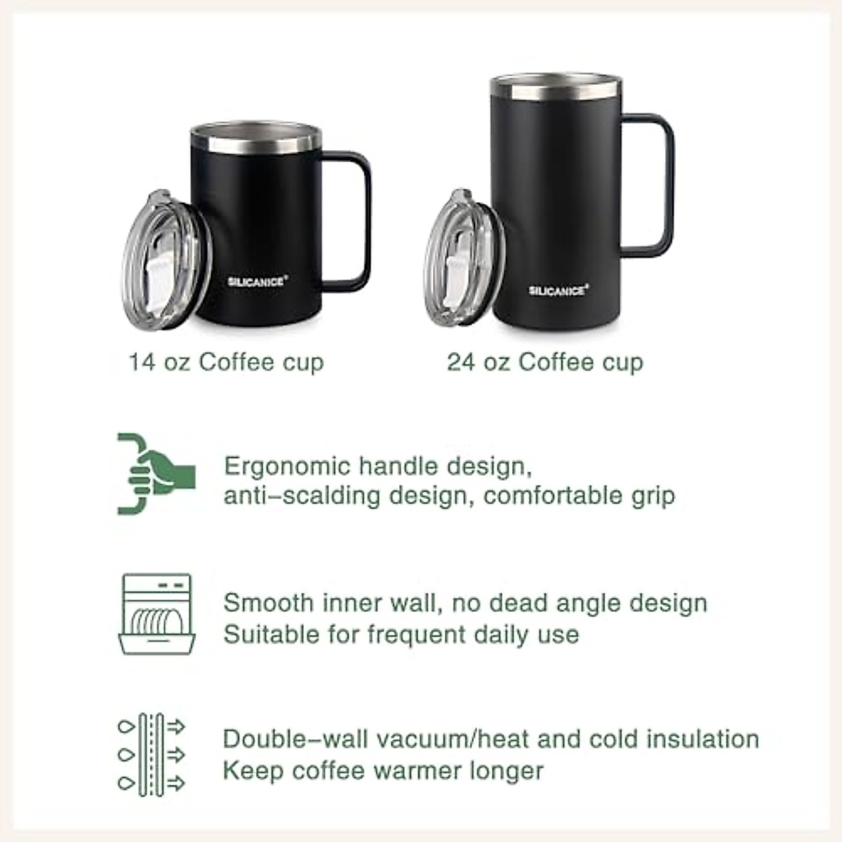 SILICANICE 24 oz Stainless Steel Vacuum Insulated Tumbler with handle & MacSlider Lid, Dishwasher Safe & Spill Proof Coffee Cup, Travel Mug for Hot/Cold Drinks, Durable Design (Gray 2.4, 24 Oz)