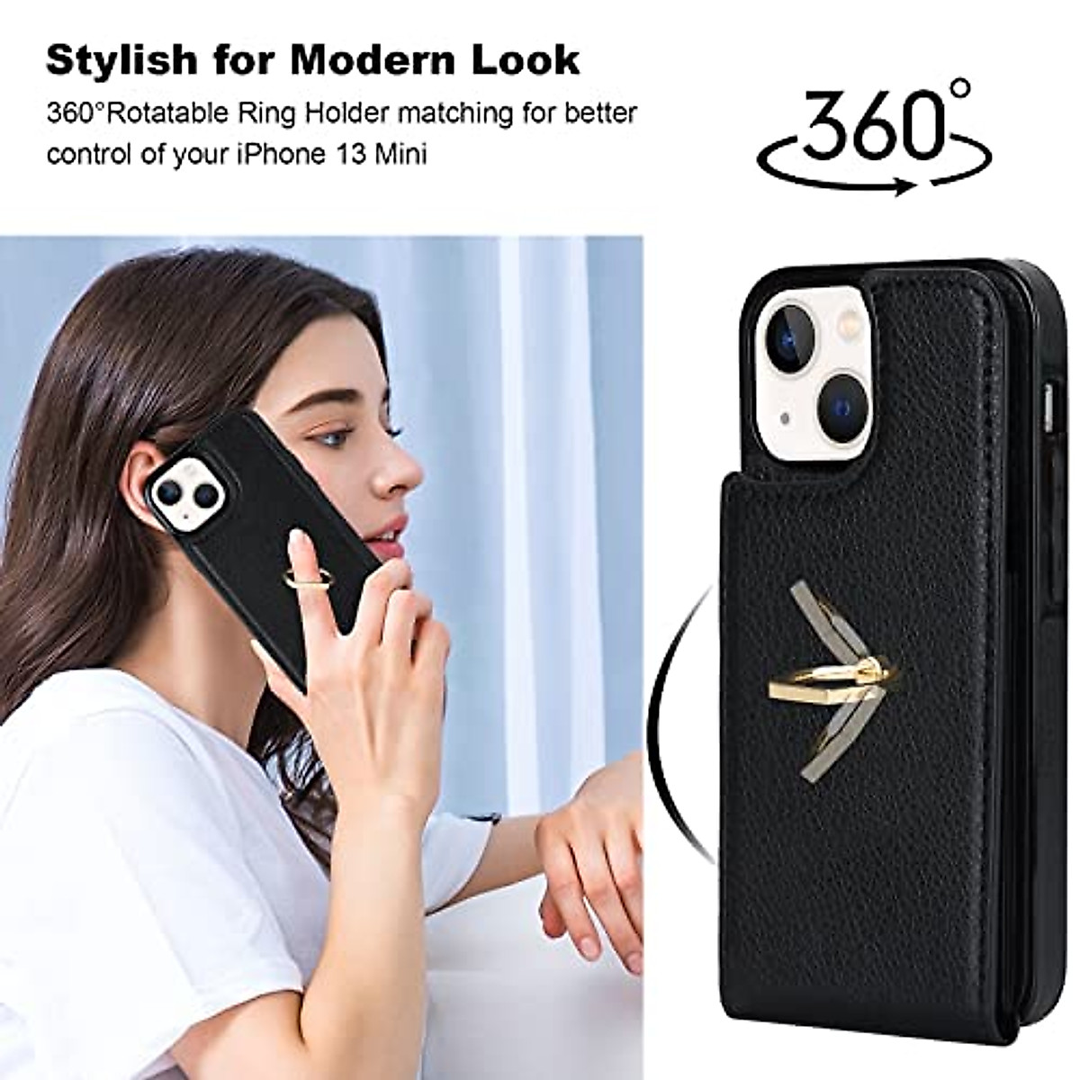 Folosu Compatible with iPhone 13 Mini Case Wallet with Card Holder, 360°Rotation Finger Ring Holder Kickstand Protective RFID Blocking PU Leather Double Buttons Flip Shockproof Cover 5.4 Inch Black
