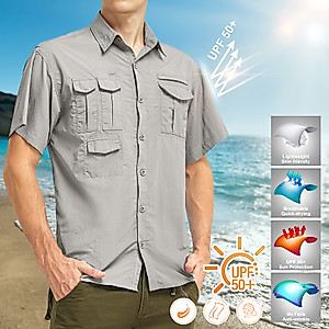 Anteef Men's Short Sleeve Fishing Hiking UPF 50+ Safari Shirts, Quick Dry SPF UV Sun Protection Cooling Shirts(5031 Light Gray M)