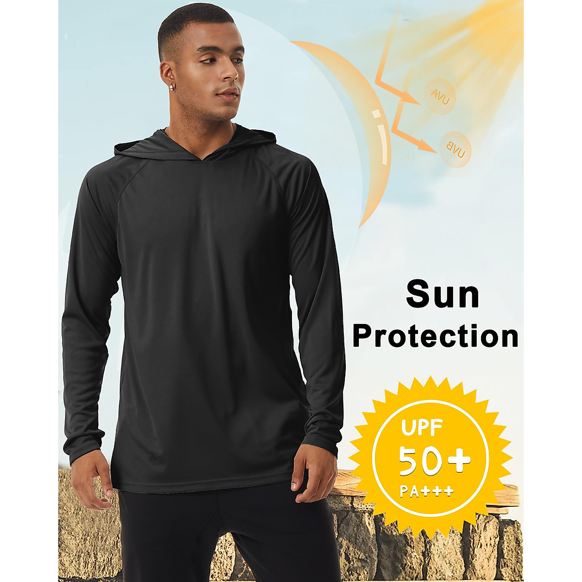 Quick Dry Shirt Men UV Protection Performance Shirts Fishing T-Shirts Lightweight Hiking Shirts Outdoor Sun Protection Shirt Men Swim Black