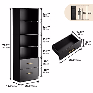 Cozy Castle 74.1'' Bookcase with Drawers, 4 Shelf Bookcase with Adjustable Shelve, 4-Tier Freestanding Tall Bookcase, Black Bookshelf for Bedroom, Living Room, Office, Black