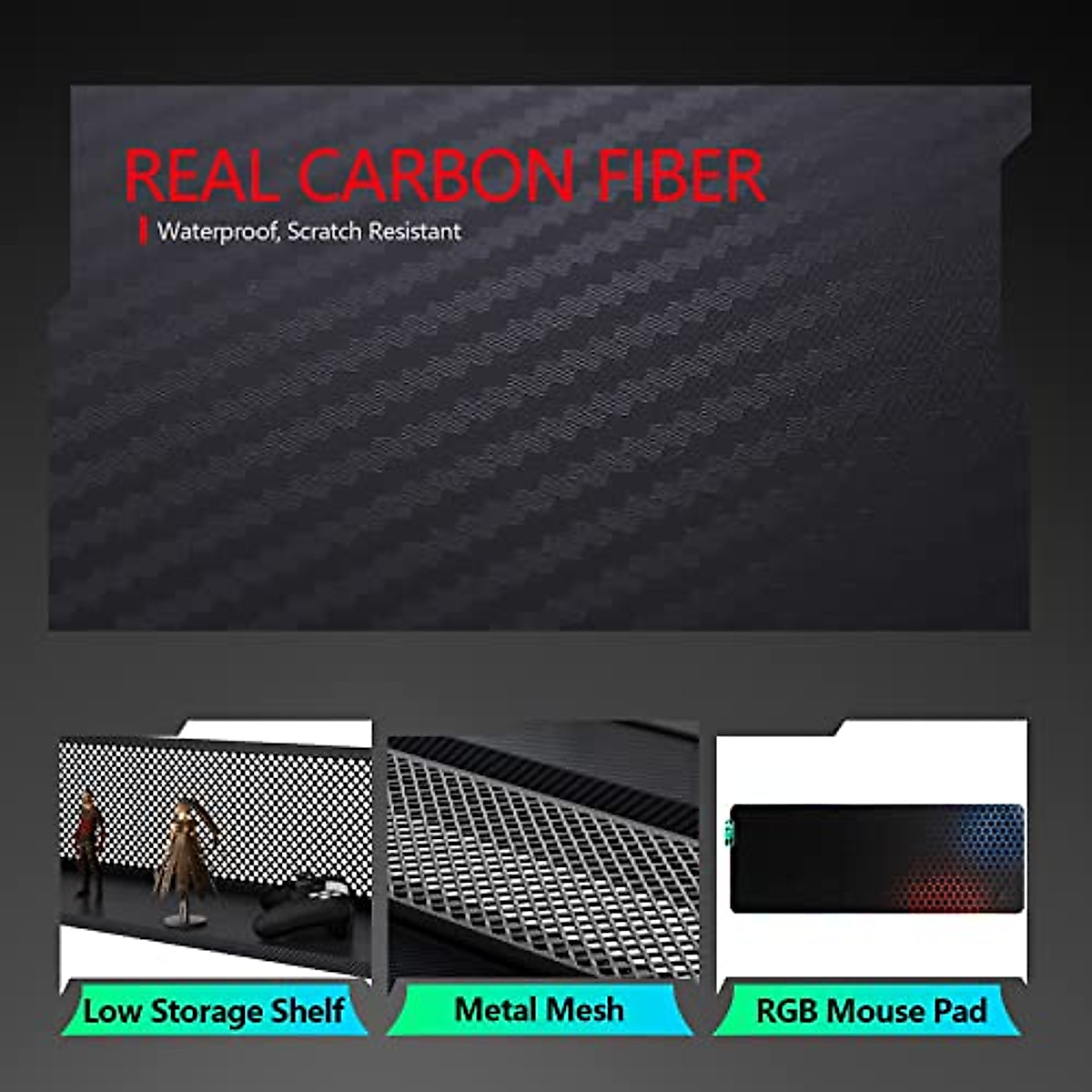 Loomie Computer Desk 55" W with LED Strip and Power Outlets, Gaming Desk with RGB Big Mouse Mat,Ergonomic K Shaped Gamer Desk with Monitor Stand and with Cable Management Mesh Bag,Black