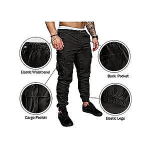 PLEPAN Men's Casual Cargo Pants Joggers Hiking Sweatpants Stretch Elastic Waist Work Pants with 6 Pockets Black Large
