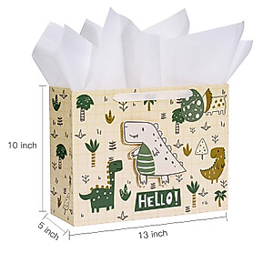 Loveinside Baby Gift Bag Dinosaur and Hedgehog Design with Tissue Paper and Greeting Card for Baby Shower, New Parents, and More - 13" x 5" x 10", 1 Pcs