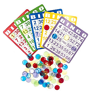YH Poker Yuanhe Bingo Cards Game Set - Includes 100 Bingo Cards and 1000 Colorful Transparent Bingo Chips, Great for Bingo Games,Card Games, School Classroom Games,Family Gathering Activity