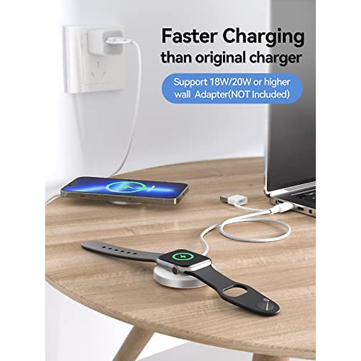 NEWDERY Magnetic Wireless Charger, for Apple Watch Charger, with Mag-Safe Charger and 18W Fast Charging Pad for iPhone 14/13/12 Pro Max Plus Mini, Smart Watch Ultra/8/7/6/5/4/3 and Airpods,USB A&C
