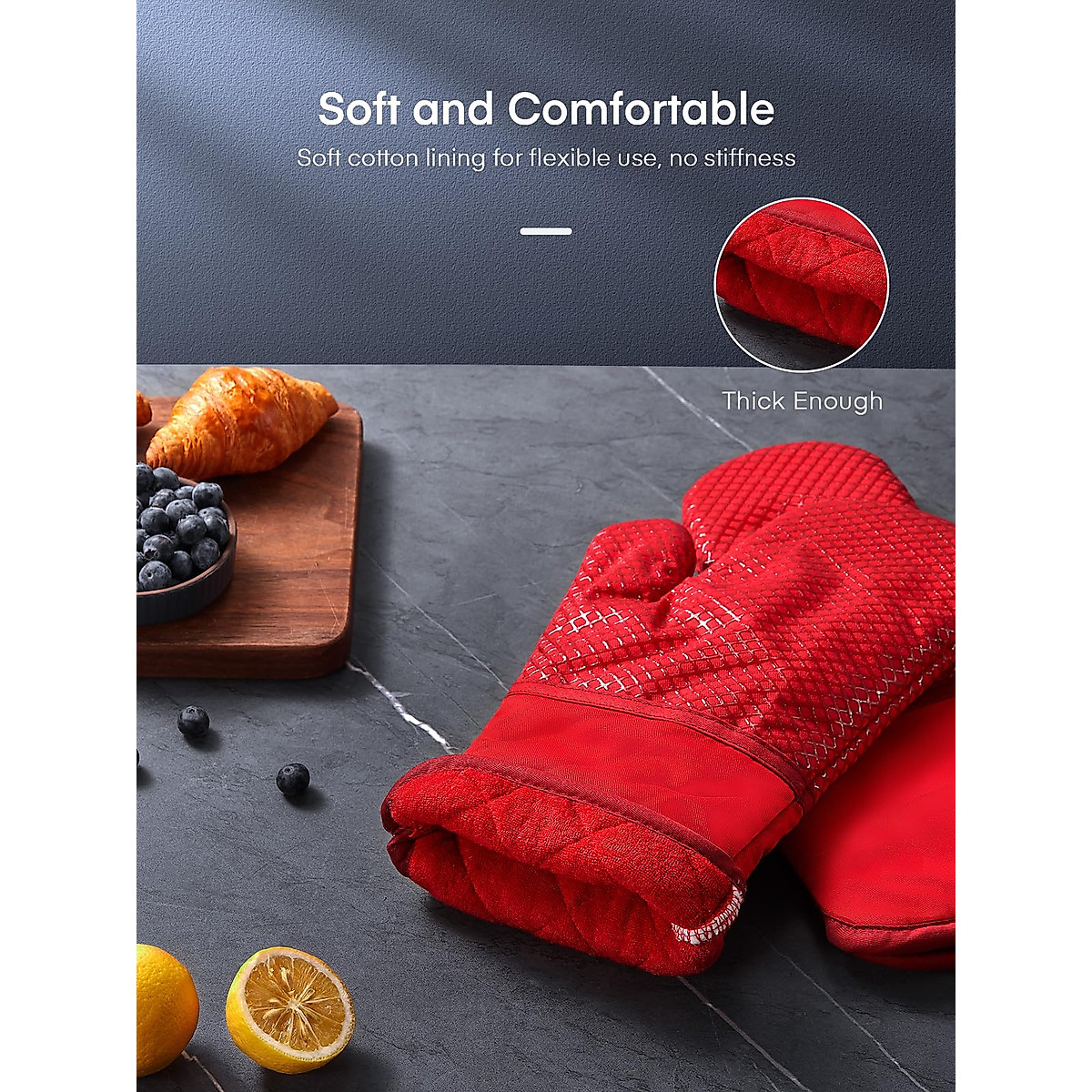 Oven Mitts, Heat Resistant Kitchen Oven Gloves 572°F, Non-Slip Silicone Surface, Extra Long Flexible Thick Mitts for Kitchen, Cooking, Baking, BBQ, Grid Red