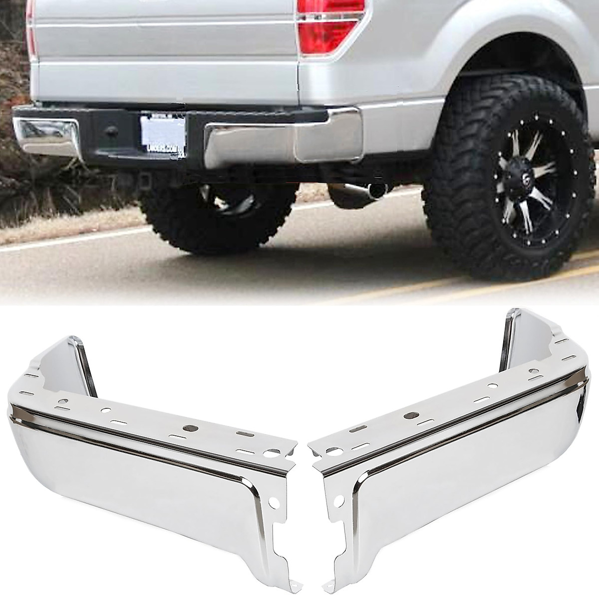 ECOTRIC Rear Step Bumper End Cap Cover Compatible with 2009-2014 Ford F150 Styleside Face Bar Driver Passenger Side W/O Sensor Hole Chrome 2 Packages