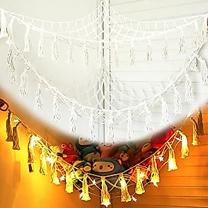 Stuffed Animal Net or Hammock with LED Light,Hanging Corner Net for Stuffed Animals Storage, Stuffed Animal Hammock Holder with Hooks for Hanging, Toy Organizer for Bedroom Nursery Crib Kindergarten