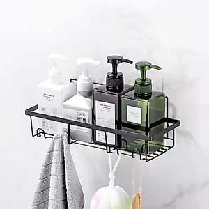 Shower Caddy, Adhesive Shower Organizer, Shower Shelf with 8 Removable Hooks, No Drilling, Rustproof Stainless Steel Black Shower Storage Basket Shelf for Kitchen, Bathroom