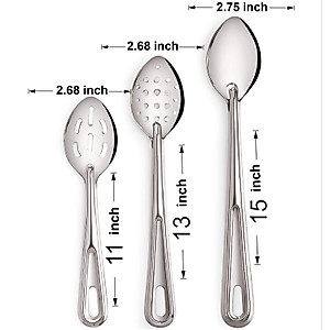 Premium 3 Piece Stainless Steel Baking & Basting Spoon Set, Includes 15" Solid Spoon, 13" Perforated Spoon, 11" Slotted Spoon - Heavy Gauge Durability - Modern Mirror Finish Flatware