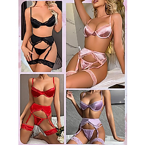 Sotybabe Sexy Lace lingerie Set for women Exotic Garter Belt 4 Piece Floral Satin Push Up Bra and Panty Sets Black