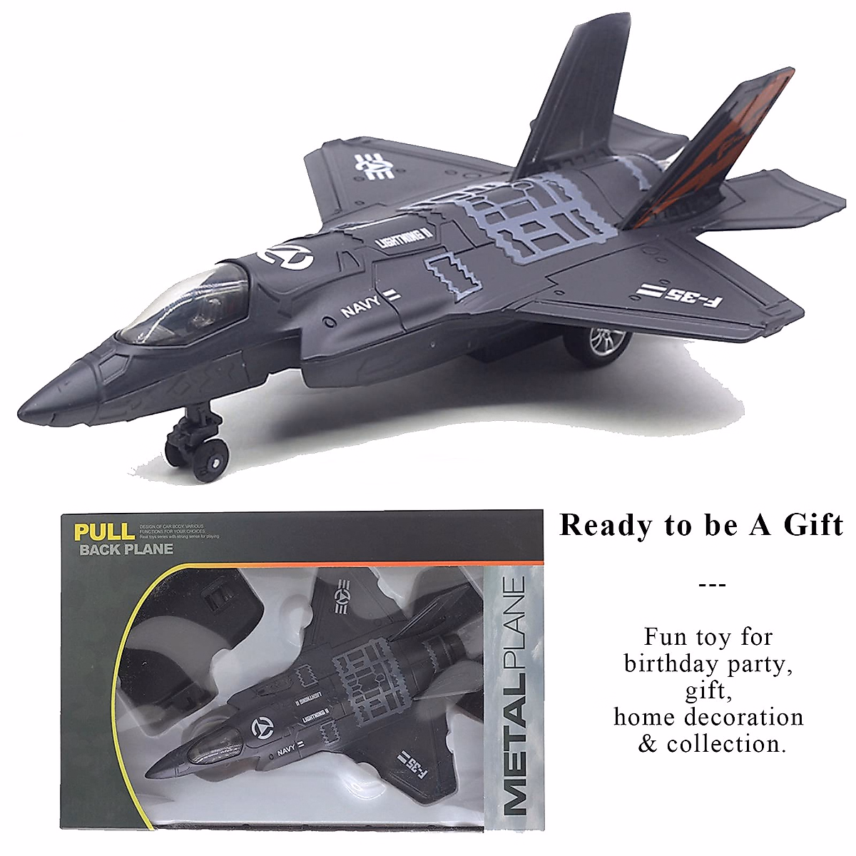 OTONOPI Fighter Jet Military Plane Model F-35 Aircraft Army Air Force Diecast Metal Pull Back Bomber Attack Plane with Lights and Sounds for Kids or Commemorate Collection