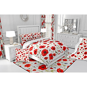 Feelyou Red Poppy Bedding Duvet Cover Set King Size Floral Flower Blossom Printed Bedding Set for Kids Boys Botanical Branches Comforter Cover Set Spring Garden Bedspread Cover,No Comforter