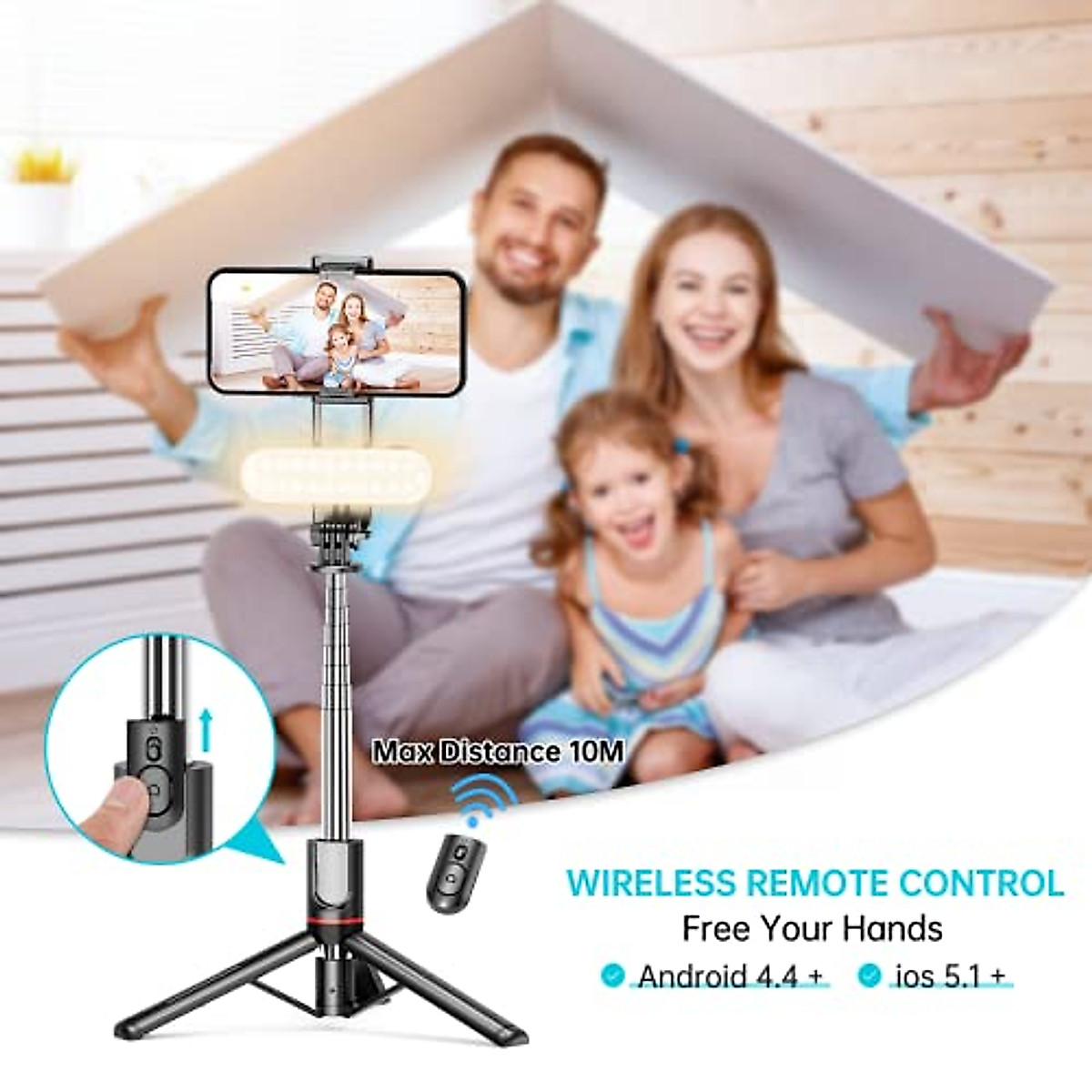 Stable Selfie Stick Tripod with Fill Light, 44 Inch Extendable Selfie Stick with Wireless Remote and Tripod Stand 360 Rotation for iPhone 13/12/11 Pro/XS Max/XS/XR/X/8/7, Samsung and Smartphone