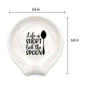 LRUIOMVE Ceramic Coffee Spoon Holder with Funny Quote Life is Short Lick The Spoon Coffee Spoon Rest and Coffee Bar Accessory - Station Decor for Coffee Lovers - Great Gift for Women and Men