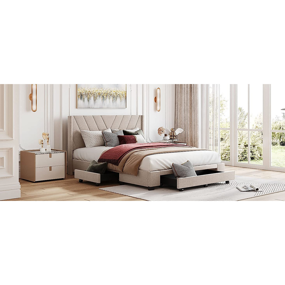 GJHOME Queen Bed Frame with Storage Upholstered Platform Bed Frame with 3 Drawers and Headboard Modern Linen Queen Size Beds with Wooden Slats Support, No Box Spring Box Needed, Beige