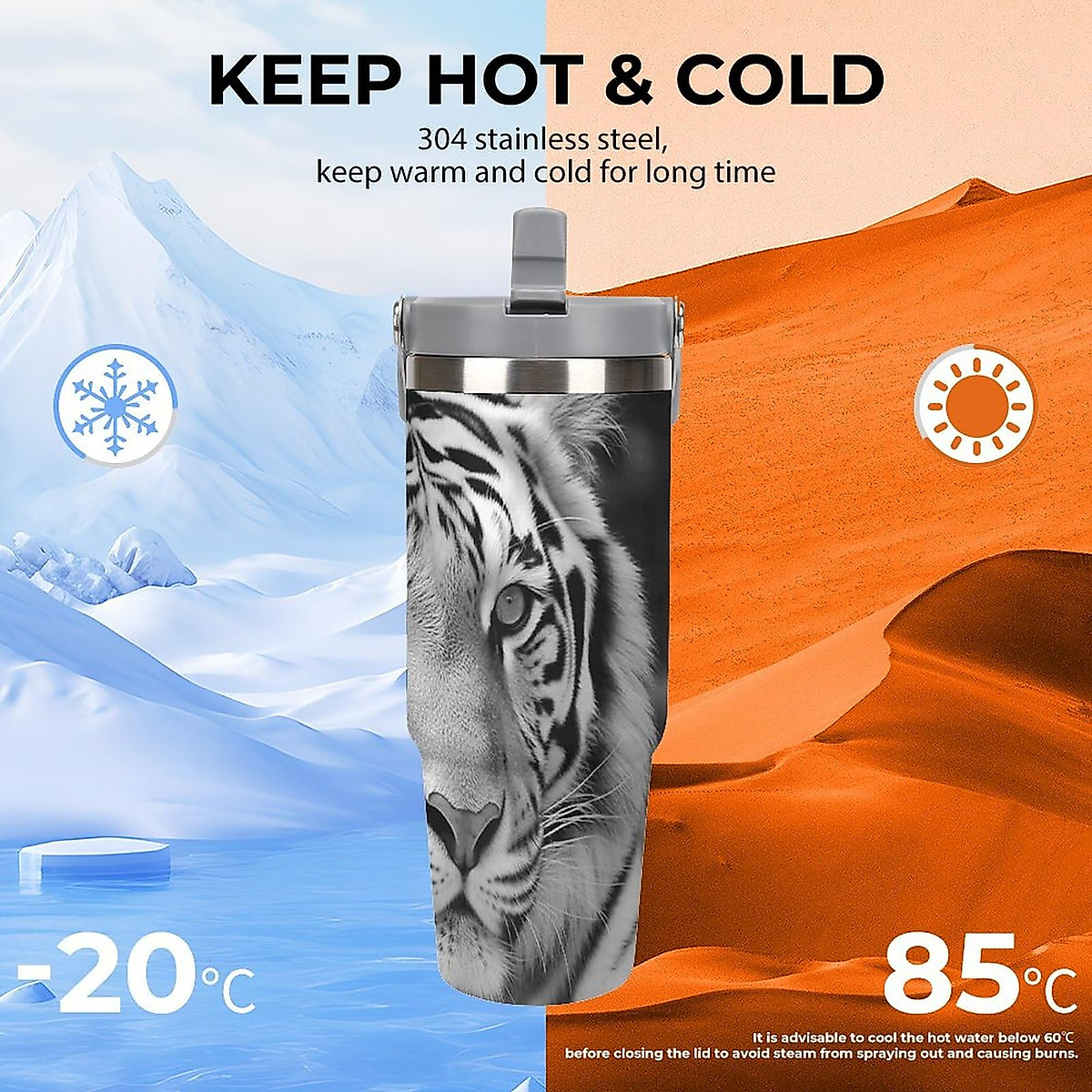 ZJCDPBR 30 Oz Tumbler with Foldable Handle And Flip Straw,Black White Tiger Vacuum Insulated Travel Coffee Tumblers,Stainless Steel Leak-Proof Water Bottle,Fits in Cup Holder,Keep Cold 24H & Hot 12H