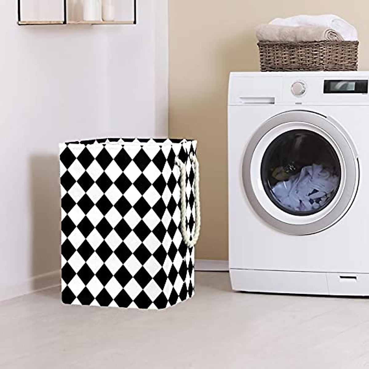 Art Black White Square Checkerboard Large Laundry Hamper With Easy Carry Handle, Waterproof Collapsible Laundry Basket For Storage Bins Kids Room Home Organizer