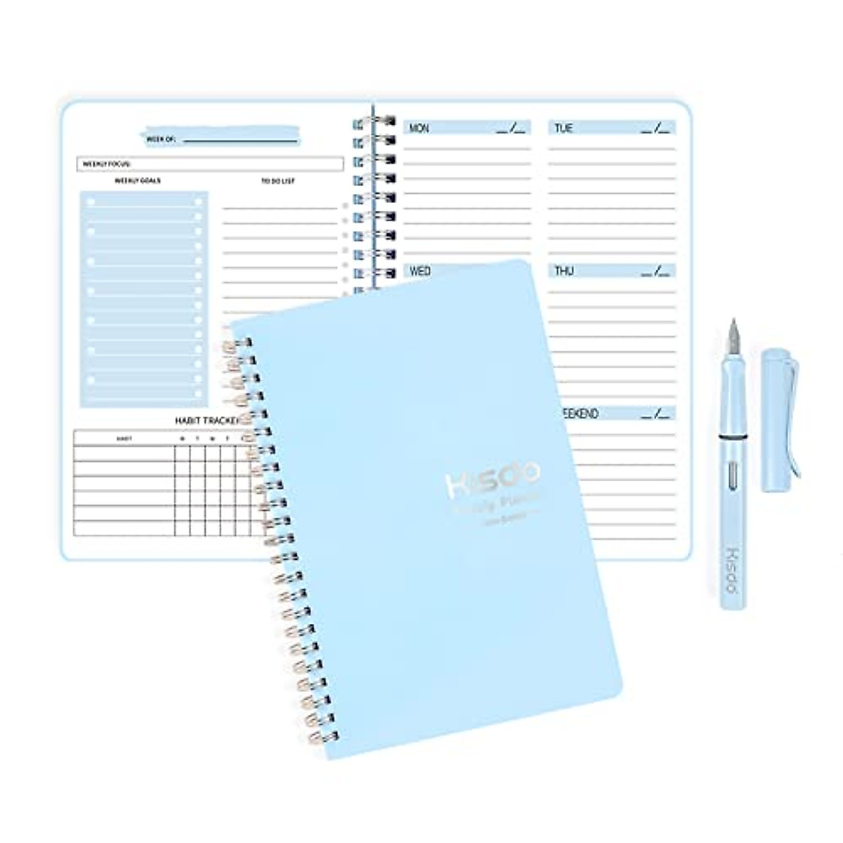 Kisdo Weekly Planner Undated Planner Book with Blue Fountain Ink Pen, To-Do List, Weekly Goals, Habit Tracker, 5.7" X 8" Inch for 52 Weeks Planning
