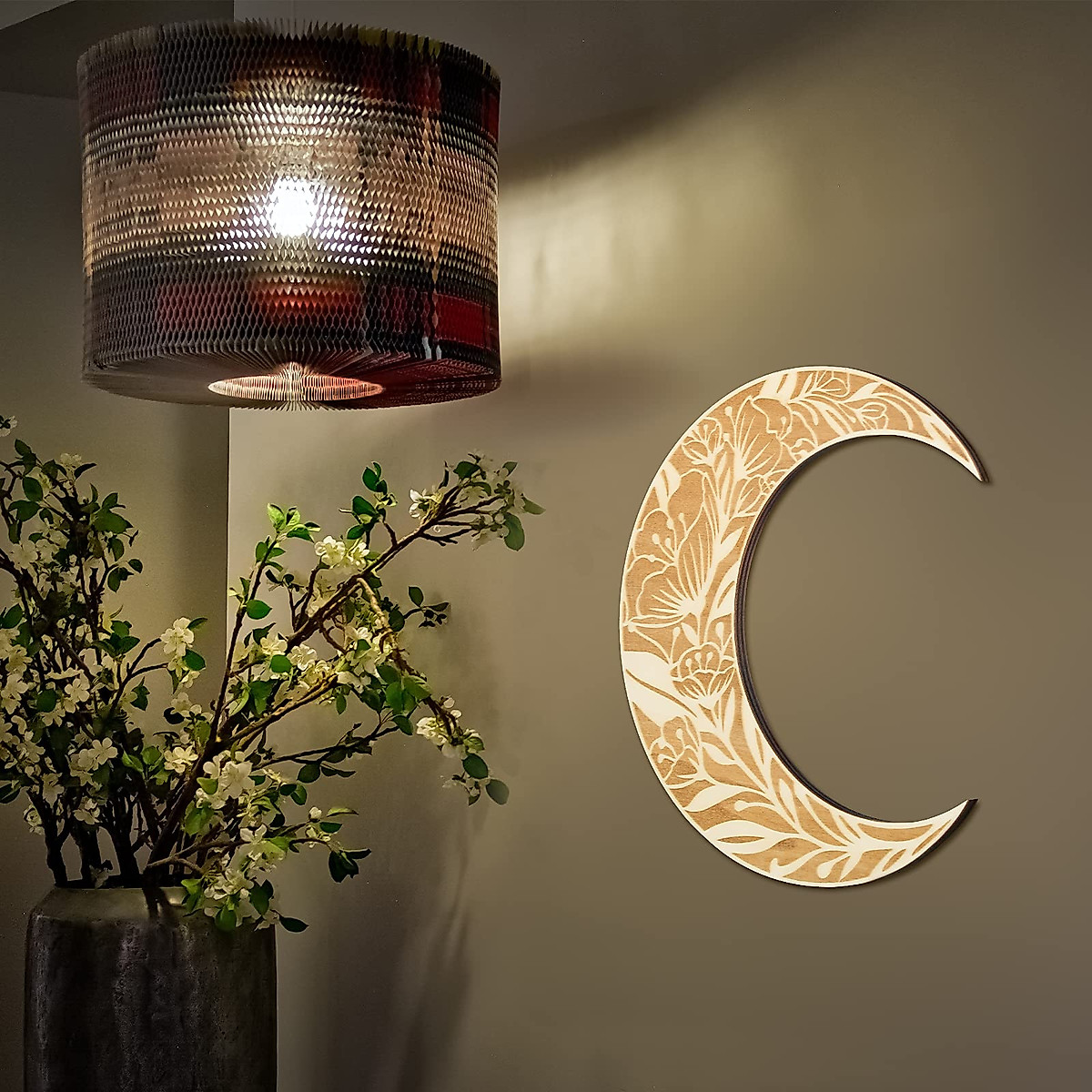 Moon Decor Rustic Moon Phase Bohemian Wall Art Nordic Wood Aesthetic Bedroom Wall Art Natural Design Wall Hanging Beautiful Moon Sign with Flowers for Home Apartment Living Room Wall Gallery Decor