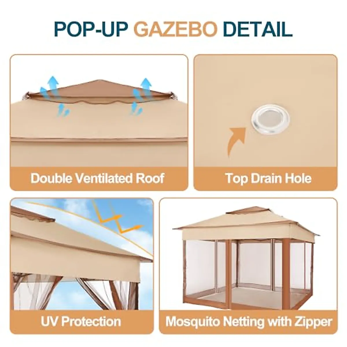 COBIZI 11x11 Pop Up Gazebo Canopy Tent Easy Up Outdoor Gazebo Waterproof Upgrade Portable Gazebo with Mosquito Nettings, Double Vented Roof and Carry Bag for Patio Garden Lawn(Khaki)
